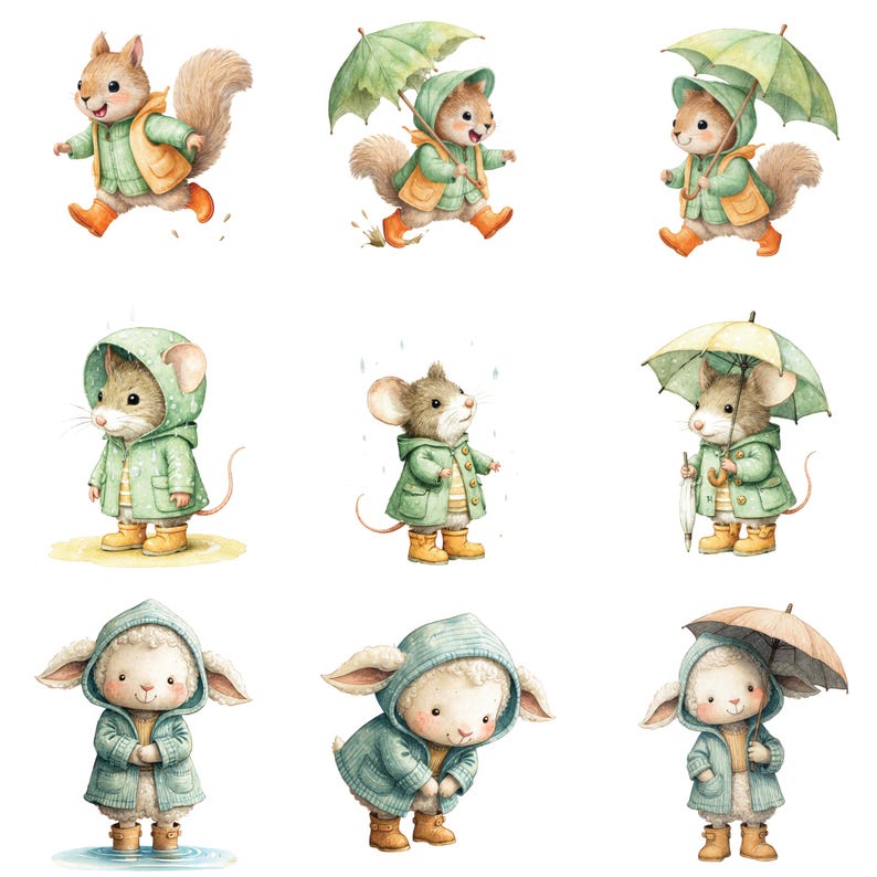 Spring Animals in Raincoats Clipart, Watercolor Nursery Animals PNG ...