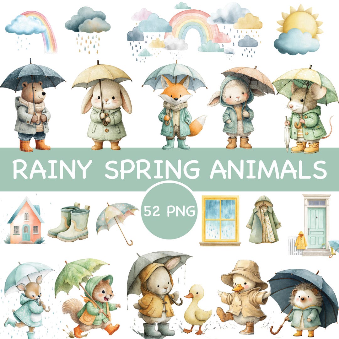 Rainy Spring Cute Animals Clipart PNG - Etsy