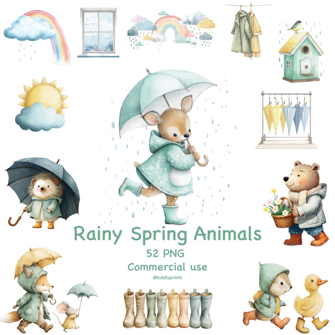Spring Animals in Raincoats Clipart, Watercolor Nursery Animals PNG ...