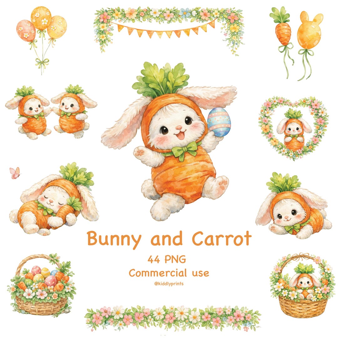 Easter Bunny Clipart PNG, 44 Watercolor Bunny Carrot Clipart, Nursery ...