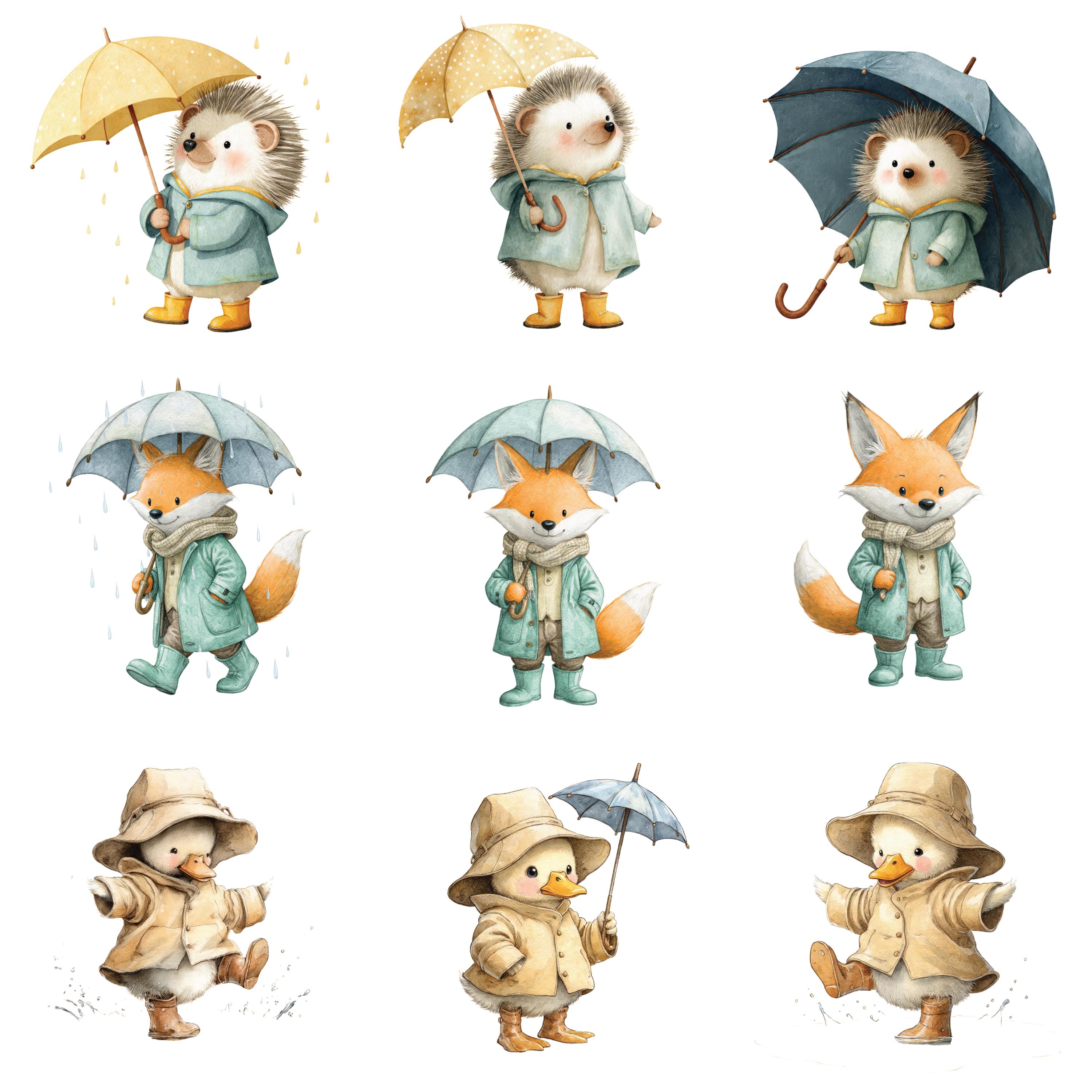 Spring Animals in Raincoats Clipart, Watercolor Nursery Animals PNG ...