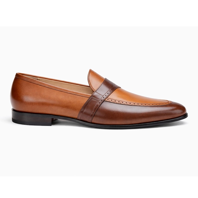 Handmade Two-tone Brown Leather Penny Loafers – Slip-on Formal Dress ...