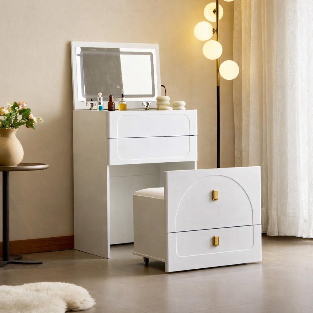3-in-1 Vanity Desk With LED Mirror, Hidden Stool & Glass-top Drawers - Etsy