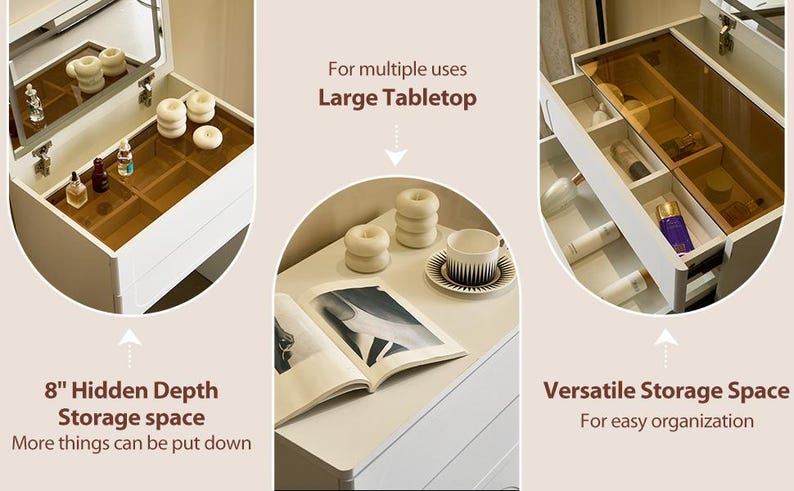 3-in-1 Vanity Desk With LED Mirror, Hidden Stool & Glass-top Drawers - Etsy
