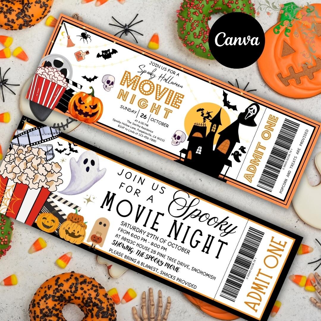 Editable Halloween Movie Night Ticket Template | Canva Printable - Etsy