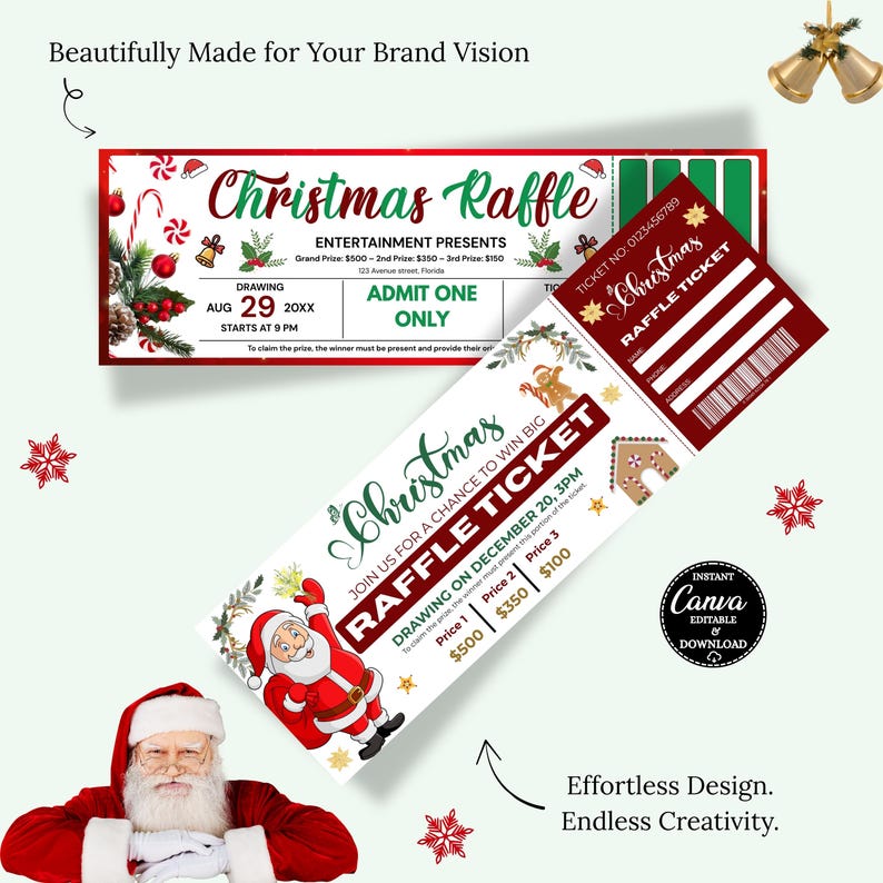 Editable Christmas Raffle Ticket Template | Holiday Raffle Tickets ...