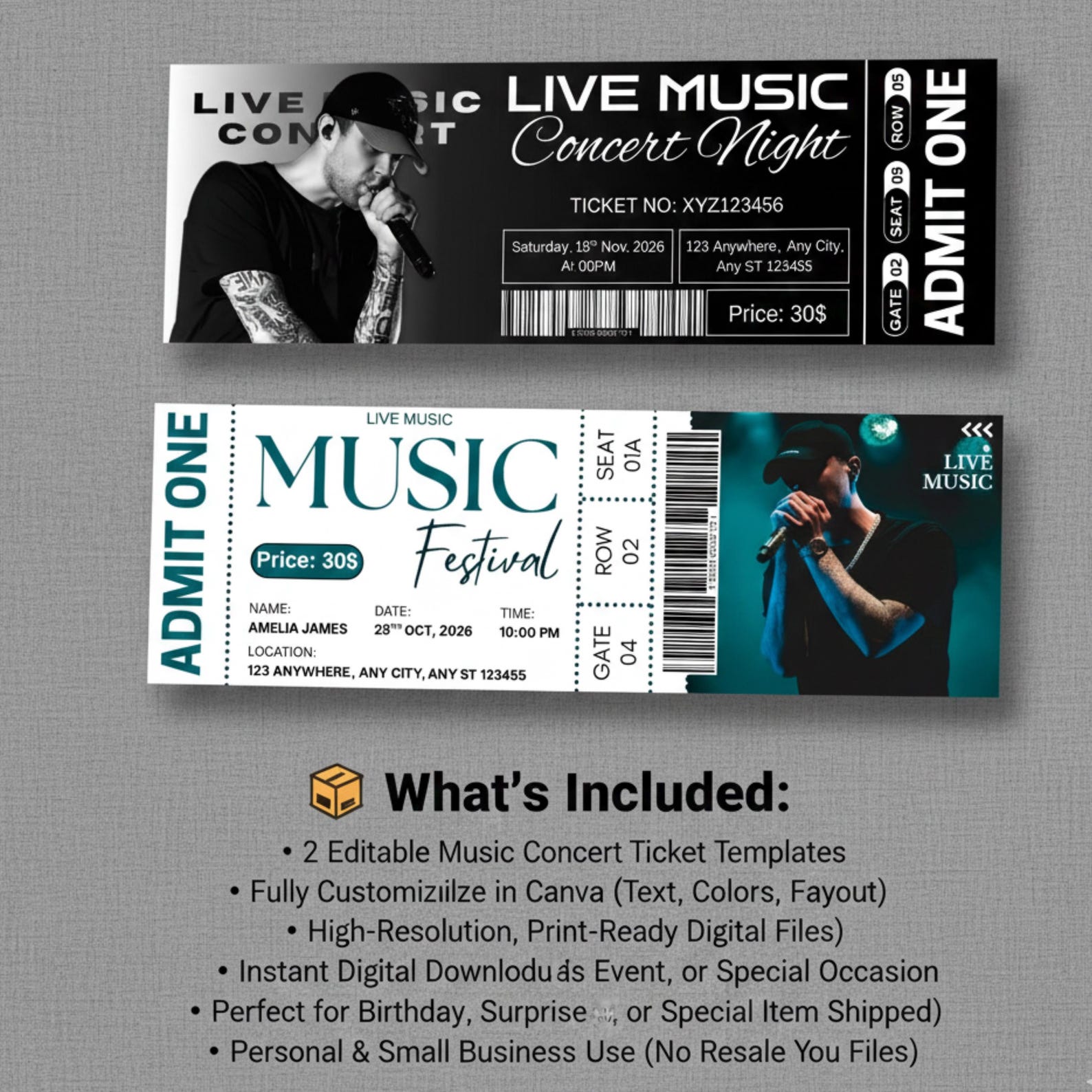 Concert Ticket Template Canva Editable, Digital Concert Ticket Design ...