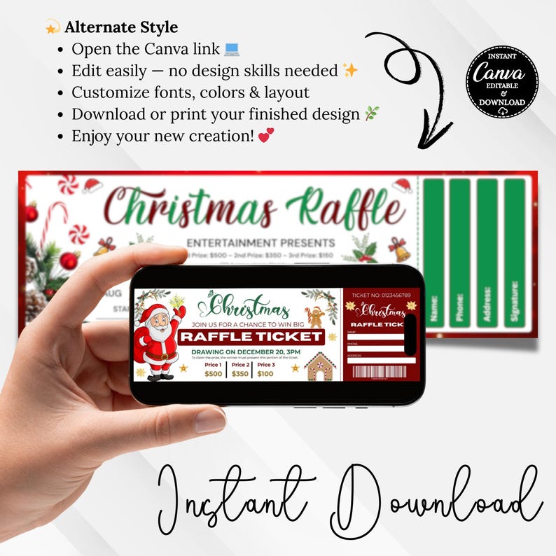 Editable Christmas Raffle Ticket Template | Holiday Raffle Tickets ...