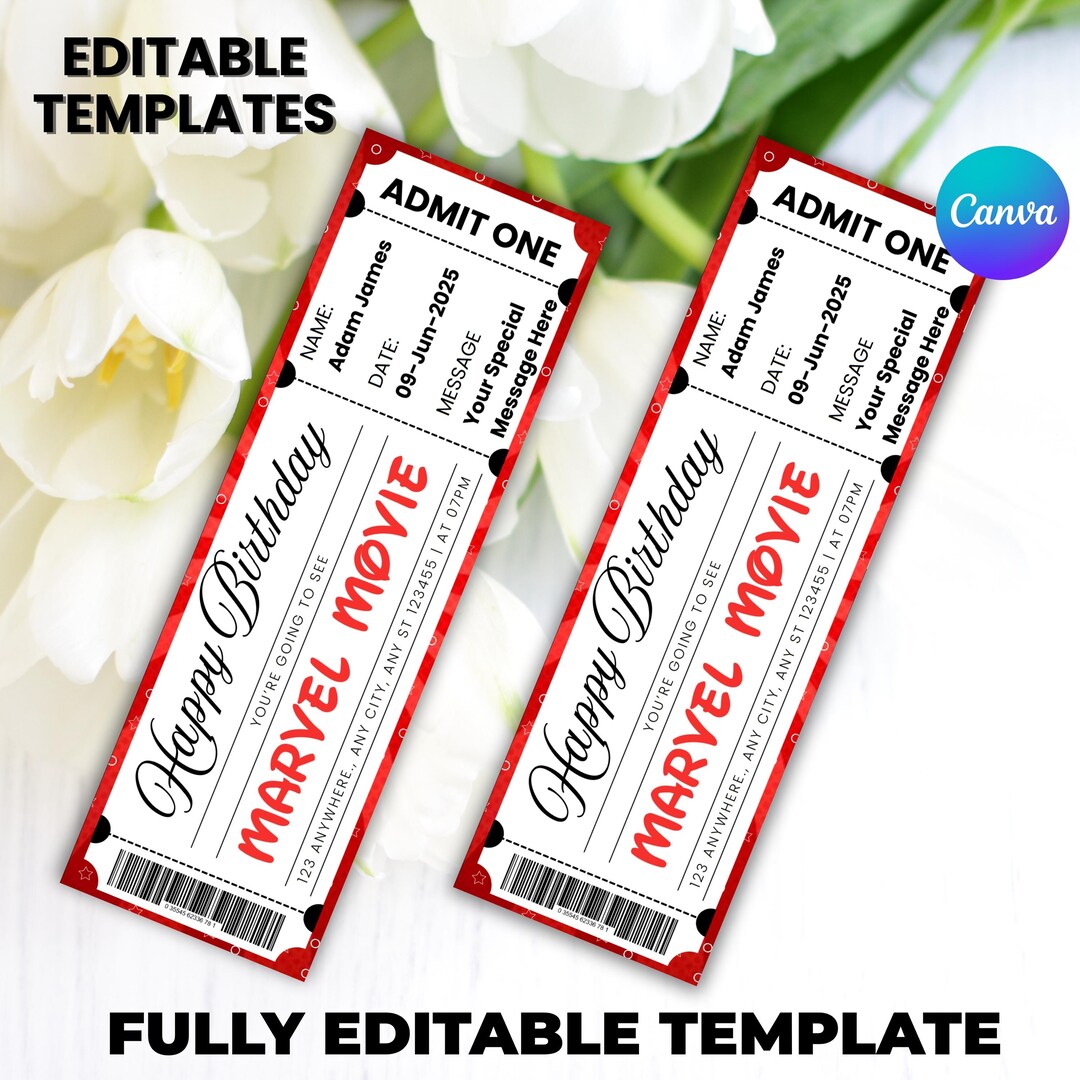 Editable Movie Ticket Template: Birthday Gift Voucher (canva) - Etsy
