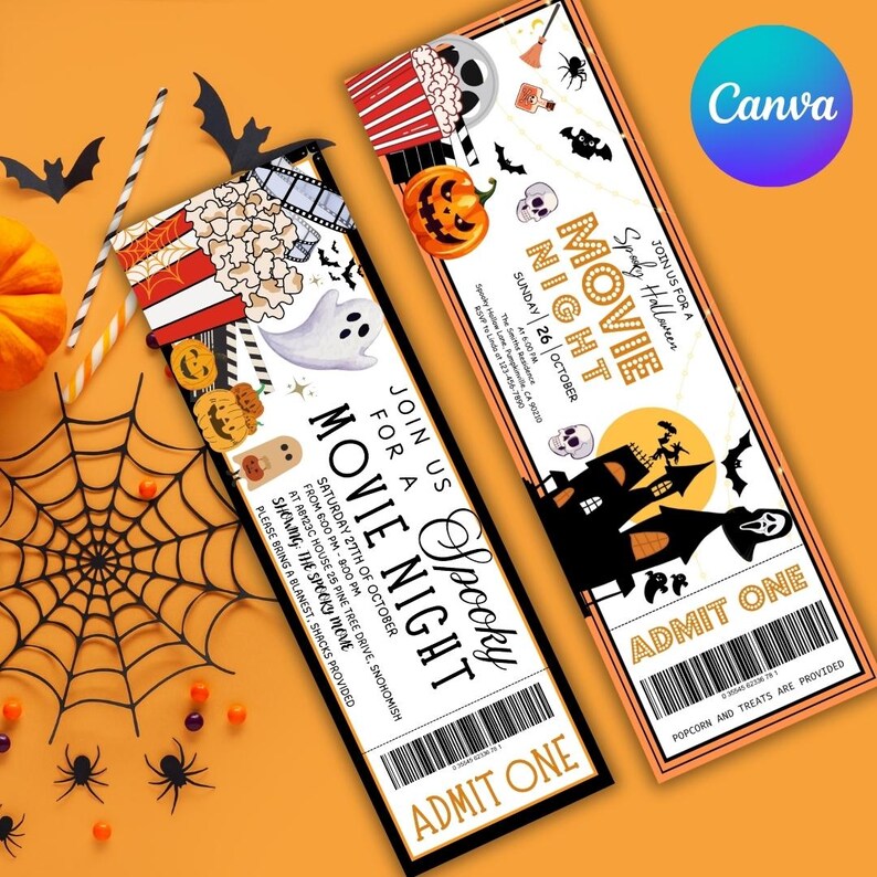 Editable Halloween Movie Night Ticket Template | Canva Printable - Etsy