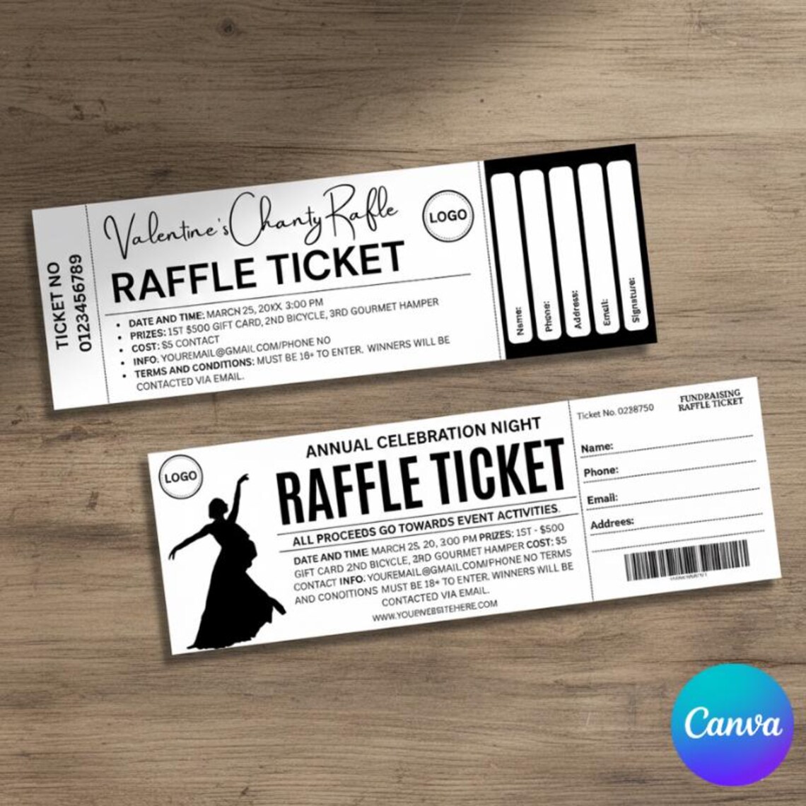 Editable Raffle Ticket Template Canva for Fundraiser Events, Printable ...