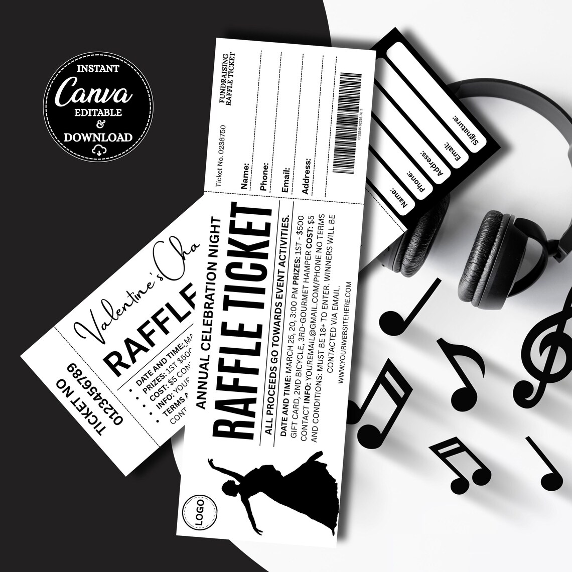 Editable Raffle Ticket Template Canva for Fundraiser Events, Printable ...