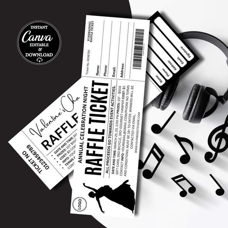 Editable Raffle Ticket Template Canva for Fundraiser Events, Printable ...