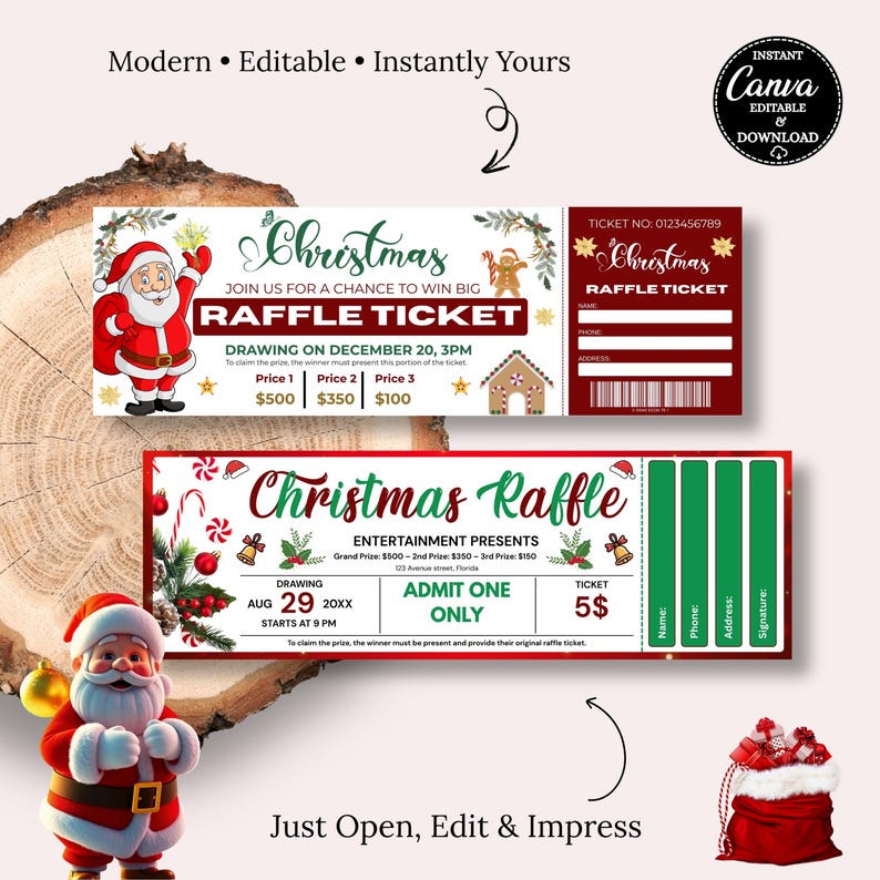 Editable Christmas Raffle Ticket Template | Holiday Raffle Tickets ...