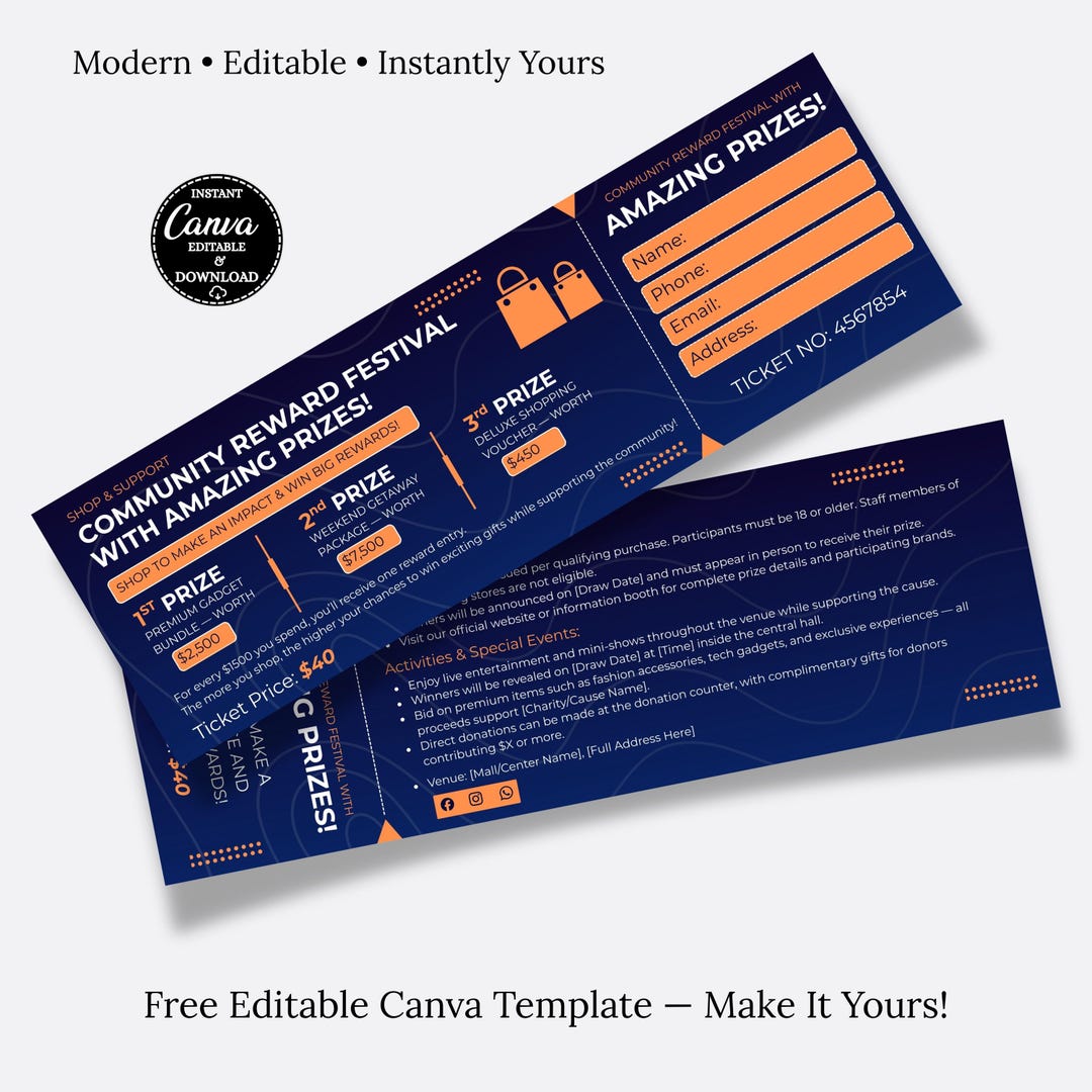 Editable Raffle Ticket Template Canva, Front and Back Event Entry ...