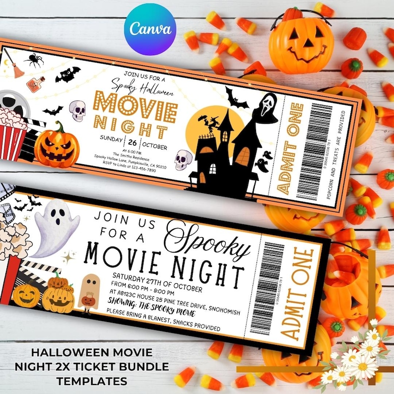 Editable Halloween Movie Night Ticket Template | Canva Printable - Etsy