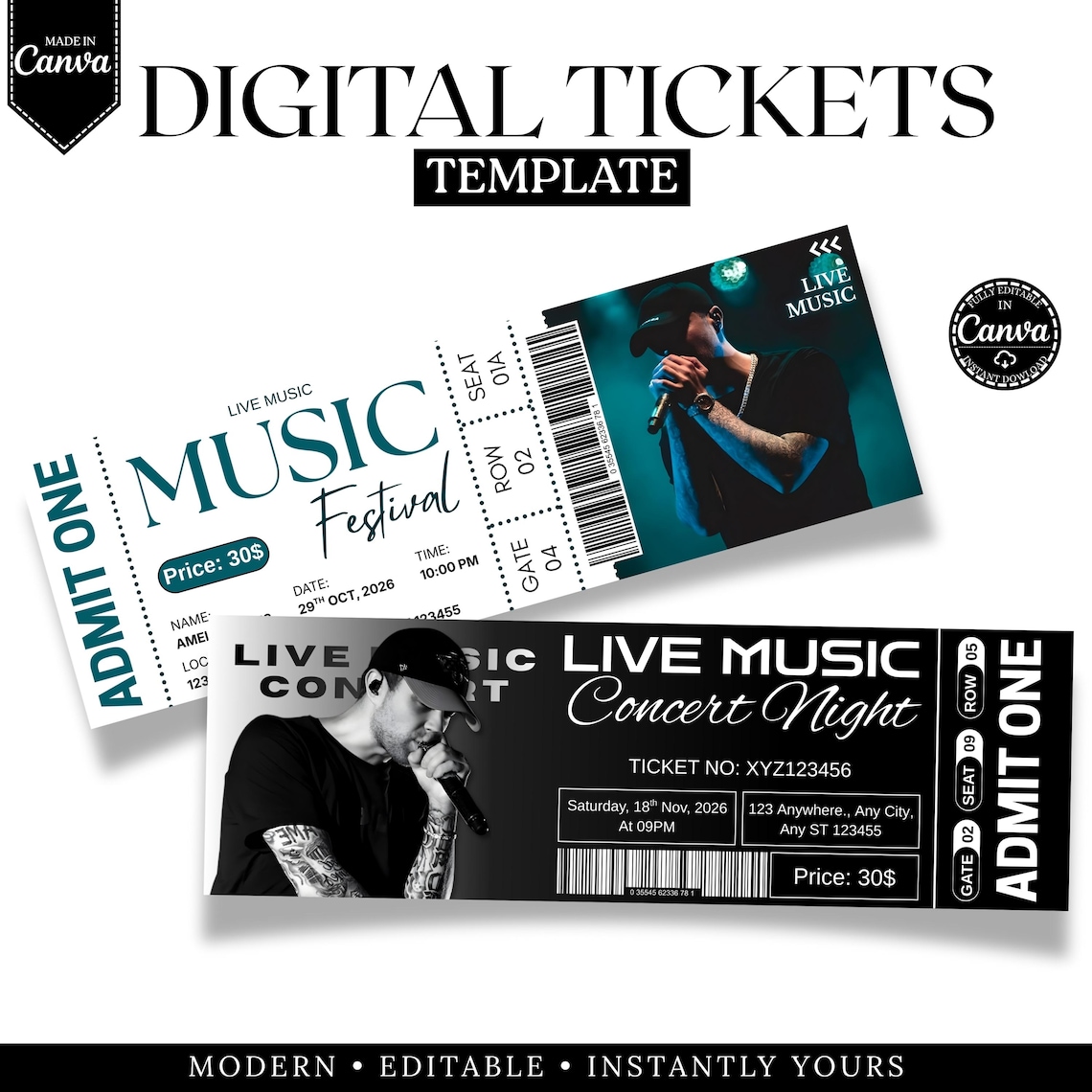 Concert Ticket Template Canva Editable, Digital Concert Ticket Design ...
