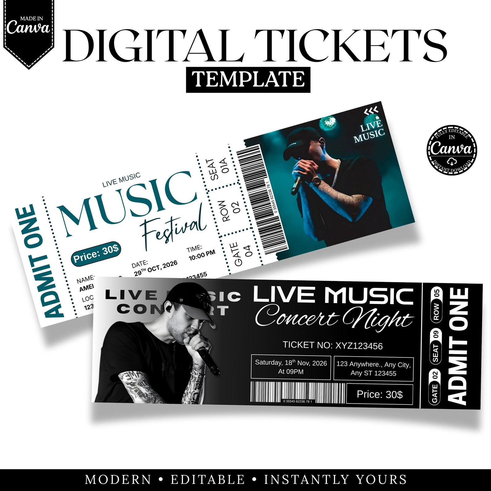 Concert Ticket Template Canva Editable, Digital Concert Ticket Design ...