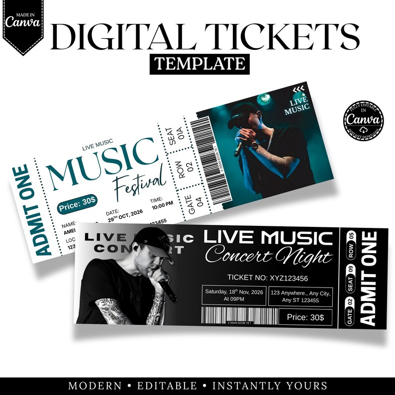 Concert Ticket Template Canva Editable, Digital Concert Ticket Design ...