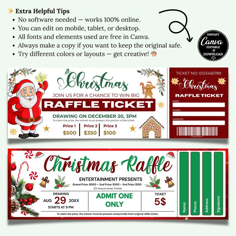 Editable Christmas Raffle Ticket Template | Holiday Raffle Tickets ...