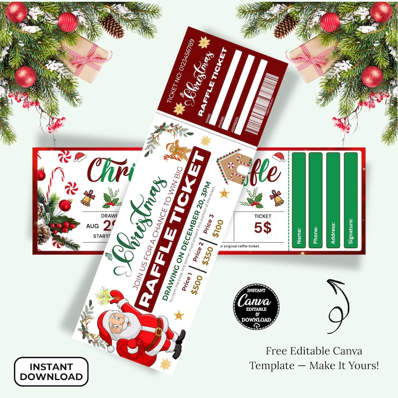 Editable Christmas Raffle Ticket Template | Holiday Raffle Tickets ...