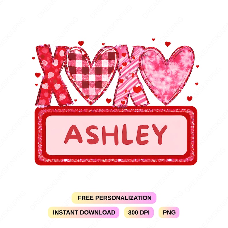 Custom XOXO Name PNG Personalized Valentine Tag Pink Gingham Hearts ...
