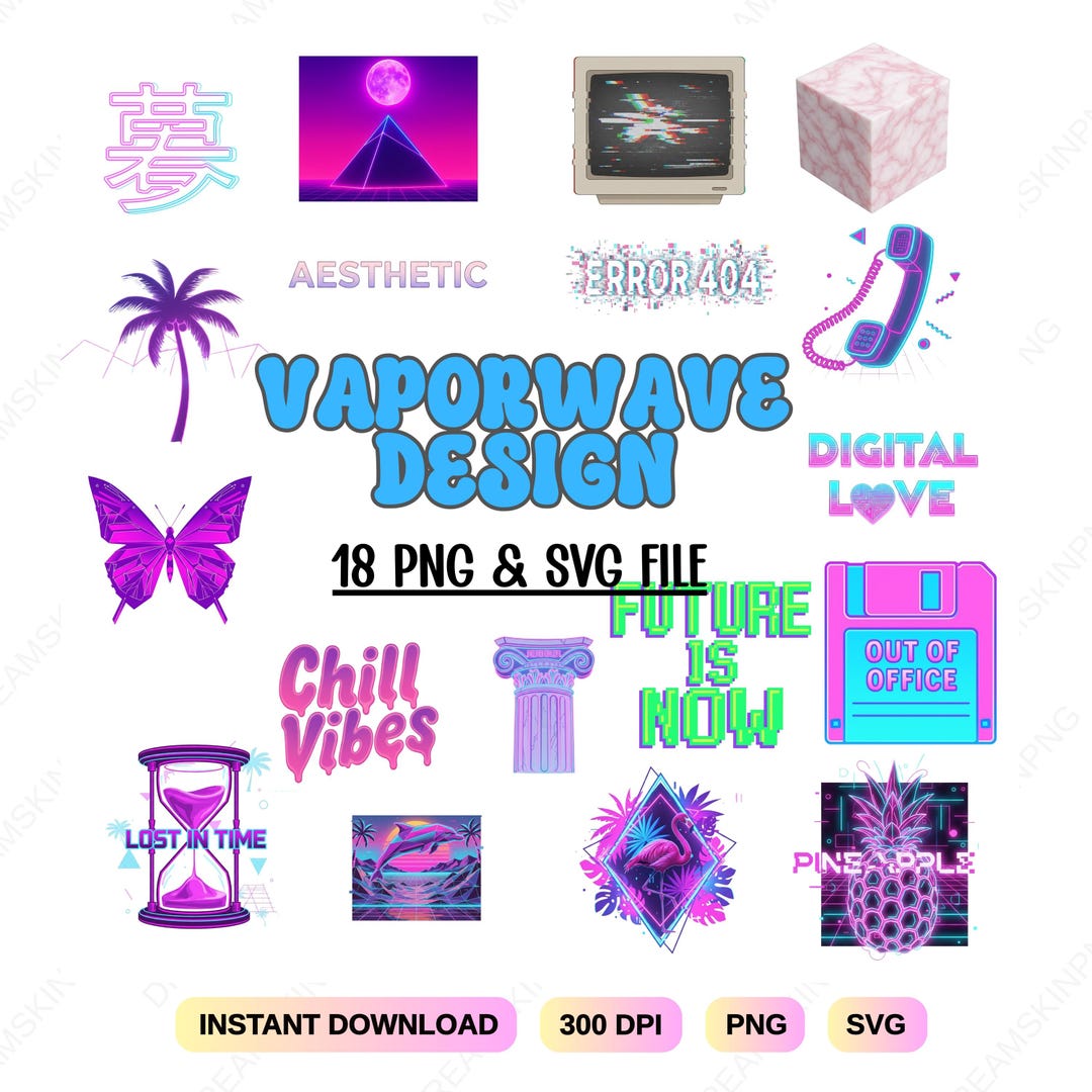 Vaporwave Art SVG & PNG Bundle of Retro Neon Icons for Digital Creators ...