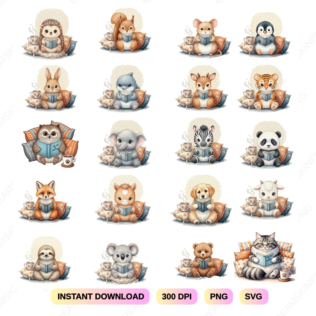 20 Cozy Bookish Animals Reading Book Clipart Bundle | Digital Sticker ...