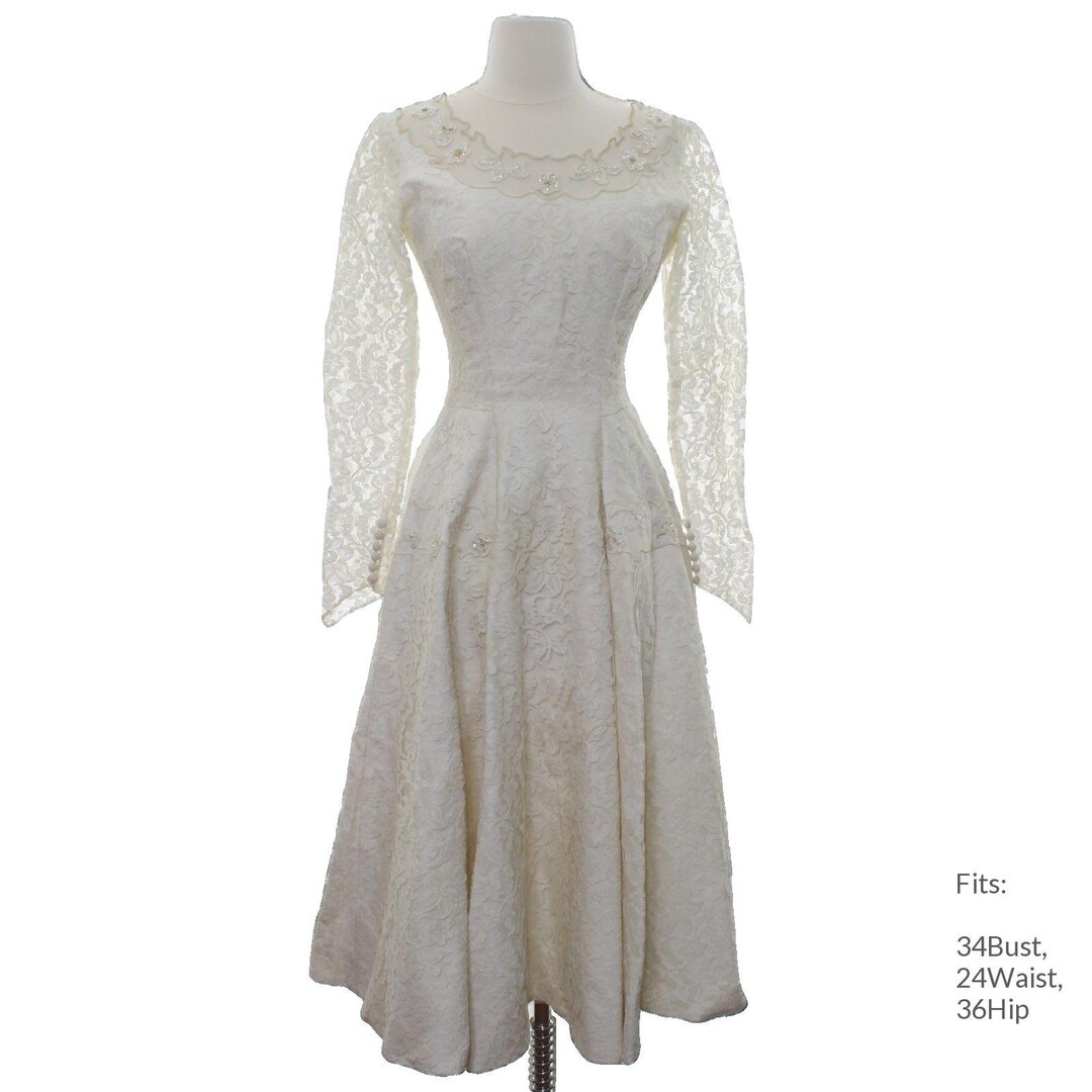 34bust 50s 'fink' Wedding Dress | Vintage Long Sleeve Dress (34bust ...