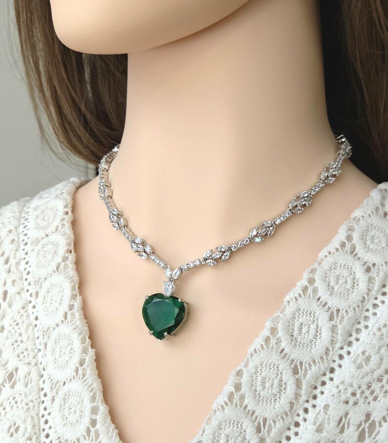 Green Heart CZ Pendant Necklace Set Silver, Dainty Crystal Jewelry ...