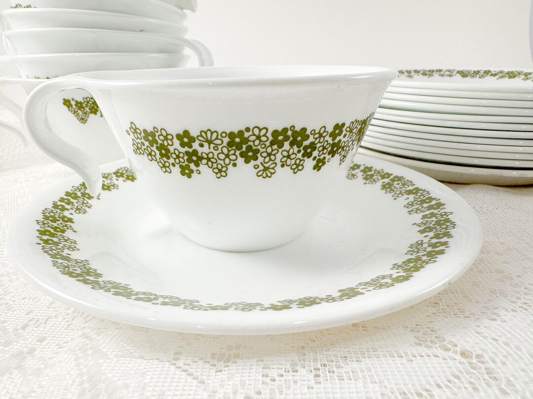 Vintage Corelle Dishes- Spring Blossom Set- Green Daisy Cups/saucers - Etsy