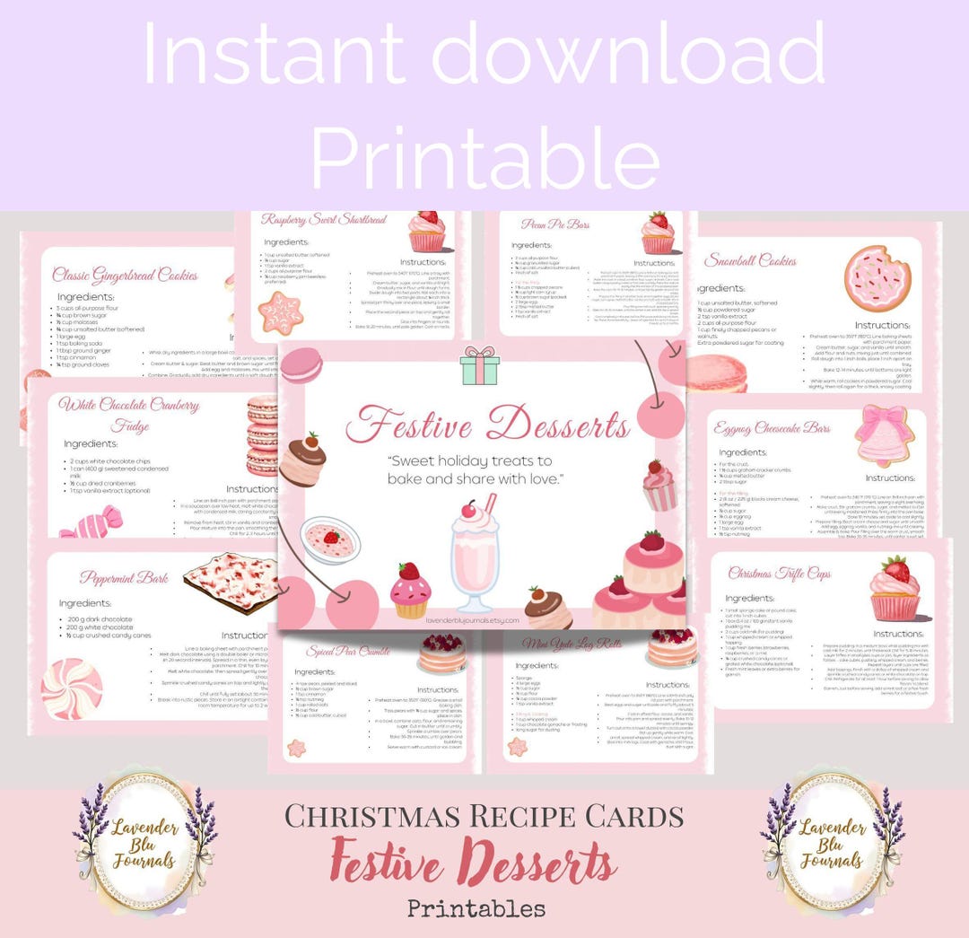 Christmas Dessert Recipe Cards, Festive Watercolor Printables (4x6 ...