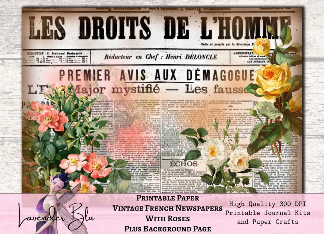 Printable French Newspaper Journal Paper With Roses (digital Download ...