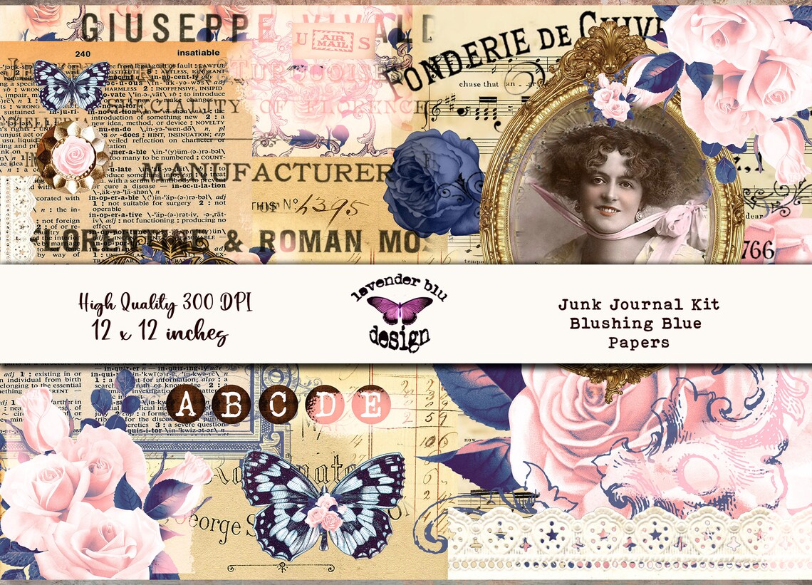 Journal Kit, Printable Floral Paper, Blue Journal Pages, Blush ...