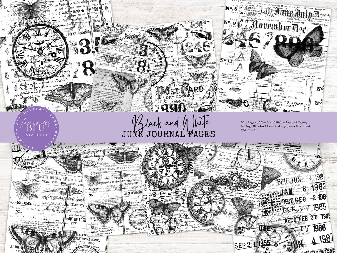 Junk Journal Kit | Black And White Junk Journal Pages | Craft Paper 