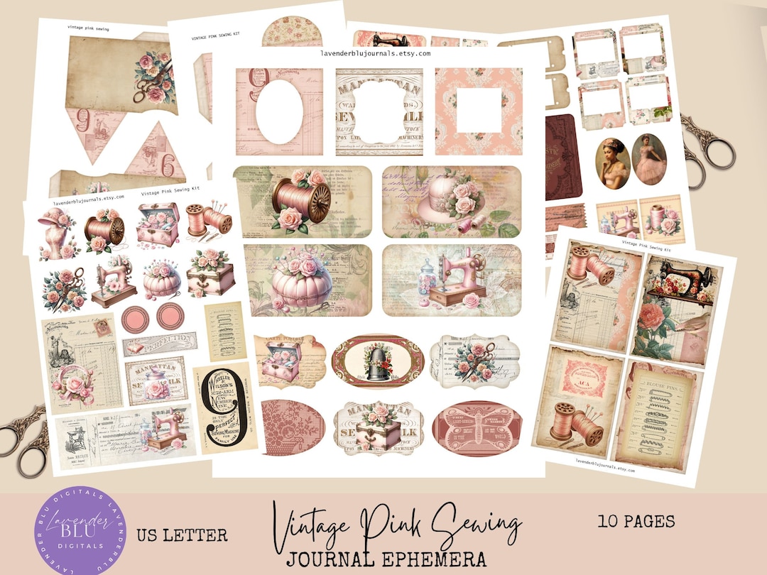Vintage Sewing Ephemera, Printable Kit, Pink Ephemera, Junk Journal ...