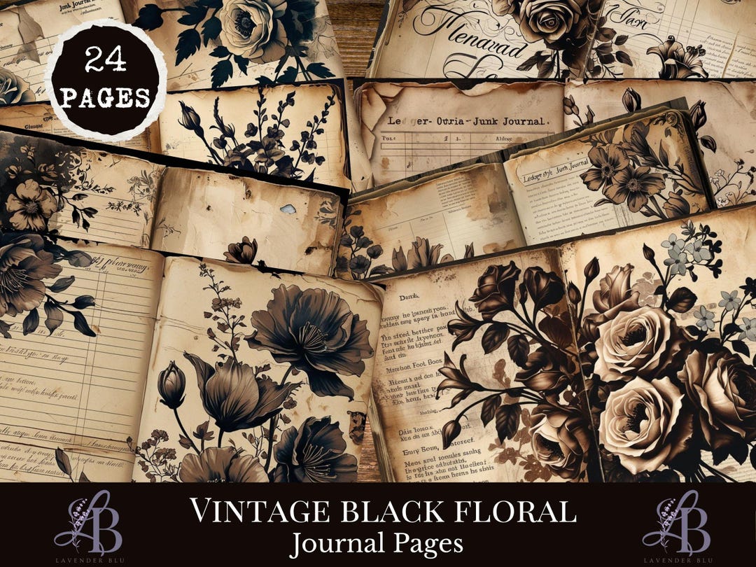 Journal Kit, Scrapbook Paper, Vintage Ledgers With Black Florals ...
