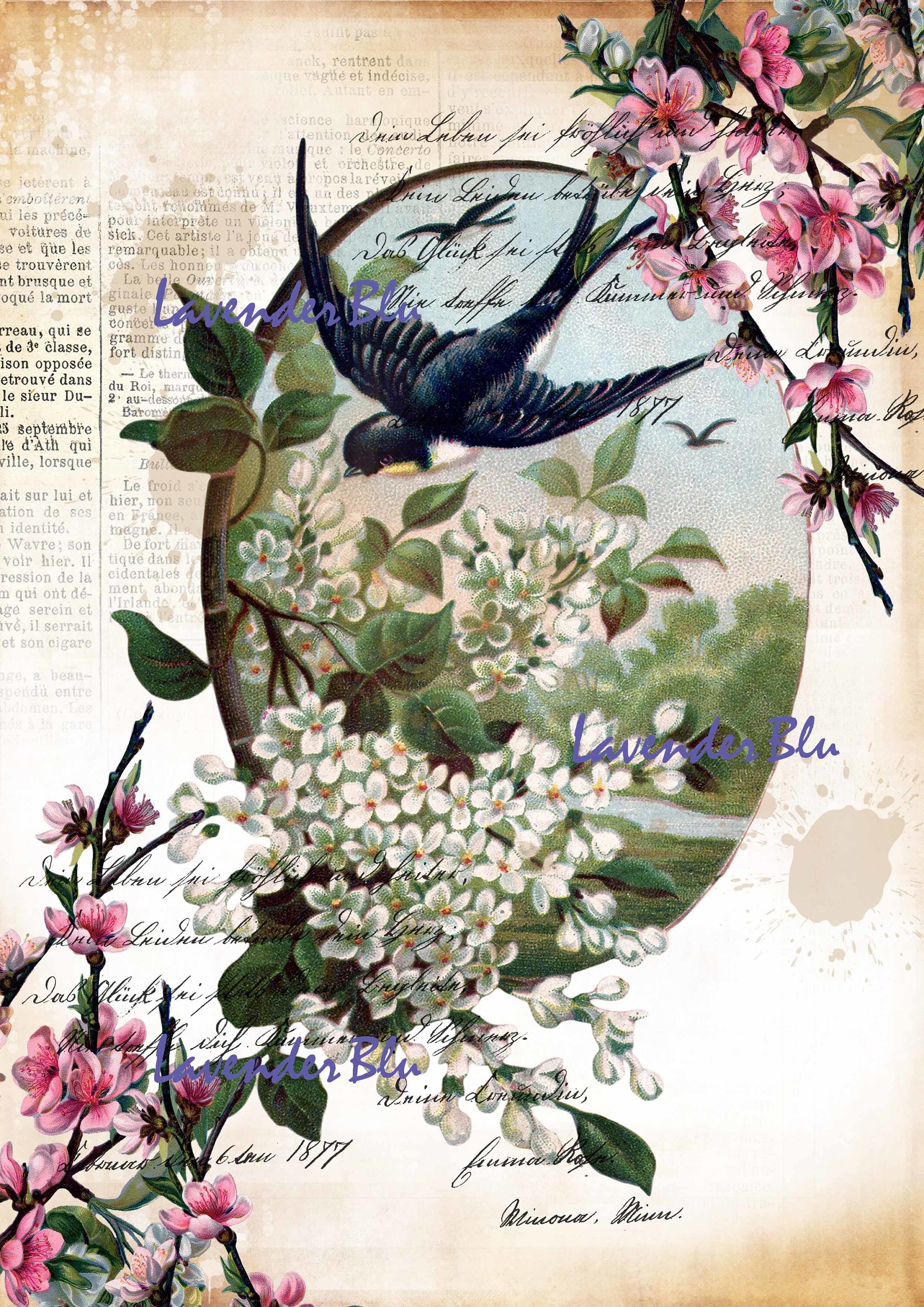 Printable Decorative Paper Spring Birds Digital Paper Vintage A4 Size ...