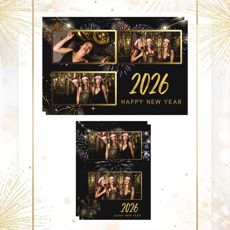 Happy New Year Photo Booth Template | Gold & Black | 6x4, 4x6, 3x4, 2x6 ...