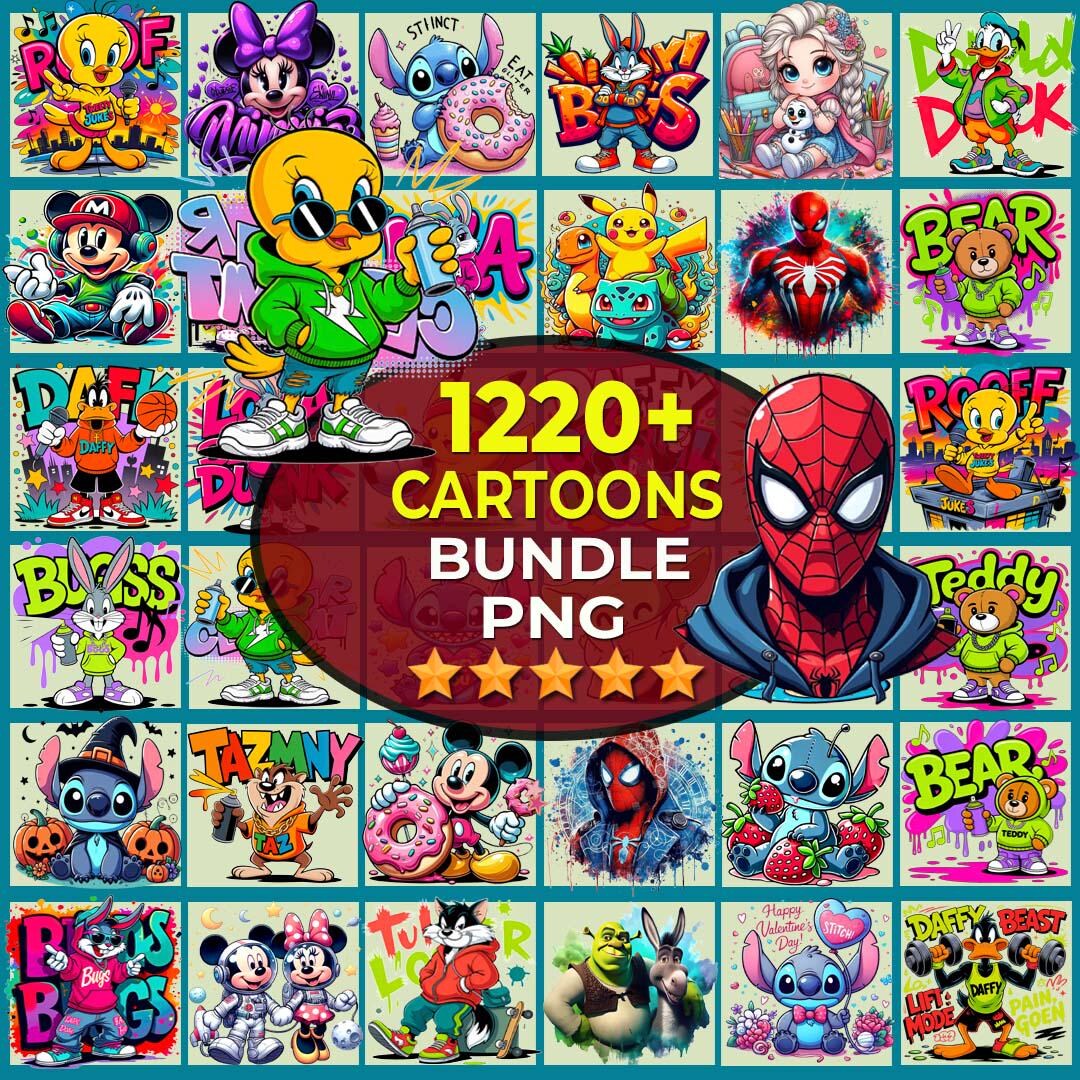 1220+ Funny Cartoon Mega Bundle, Cartoon Characters, Retro Png Files, T ...