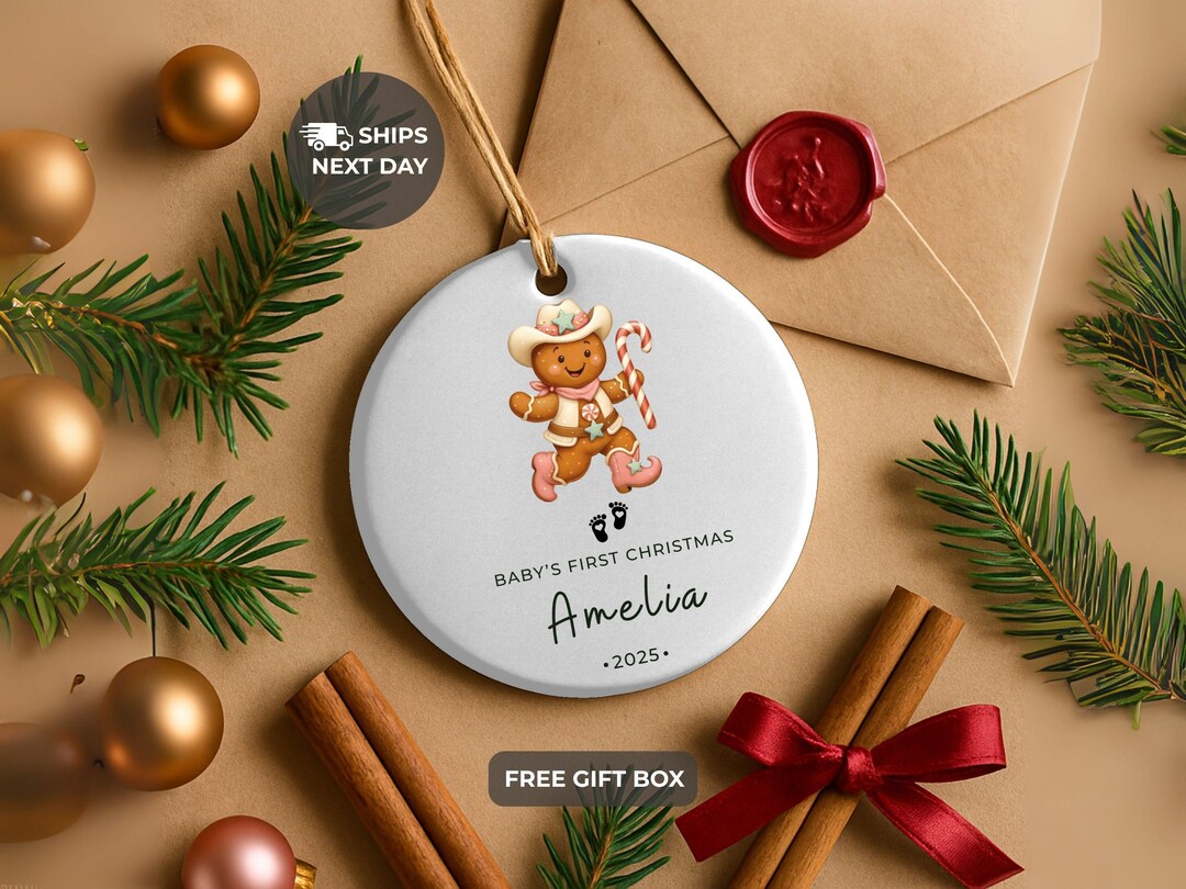 Cowboy Gingerbread First Christmas Ornament: Personalized Ceramic Baby ...