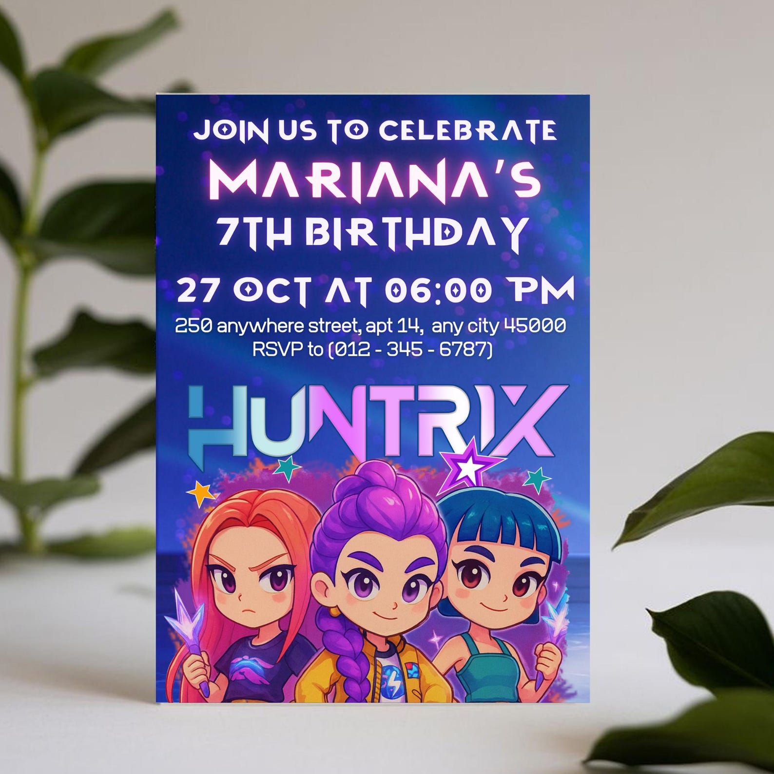 Huntrix Chibi Girls Birthday Invitation, Demon Hunters Kpop Party ...