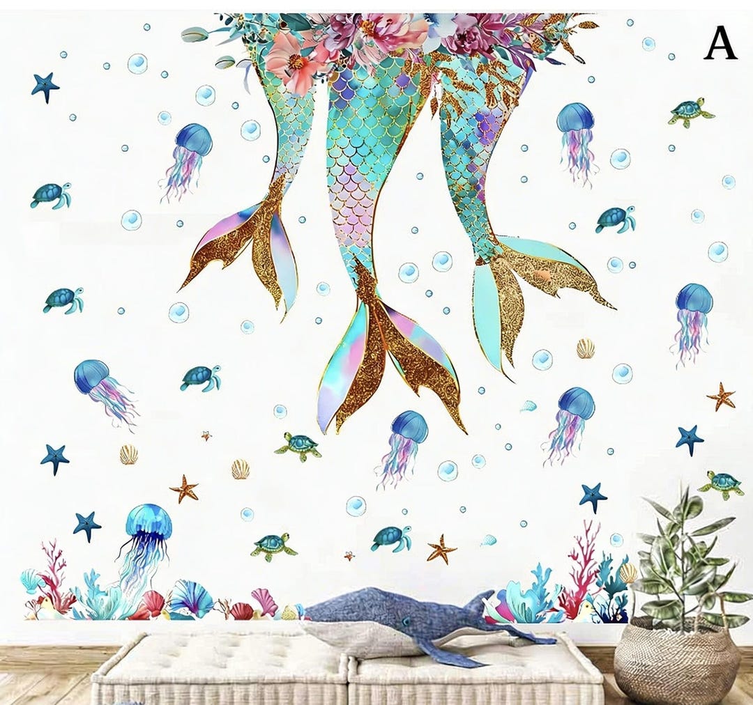 Colorful Fish Tail Stickers, Seaweed and Jellyfish Decals, Marine ...