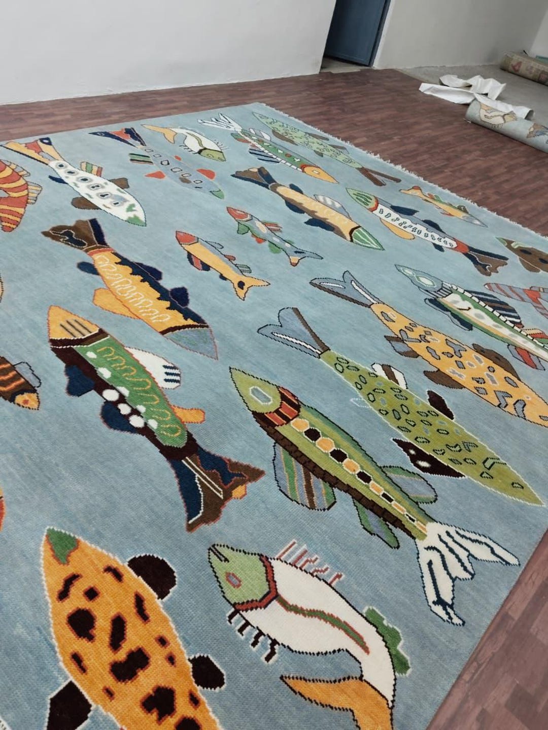 Vintage Hand Woven Wool Carpet | Handmade Wool Fish Rug | Ecuador ...
