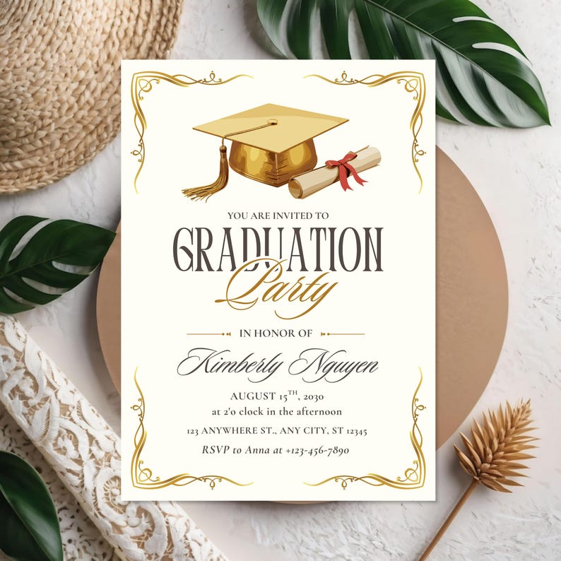 Graduation Party Invitation Template | Elegant Gold Graduation Invite ...