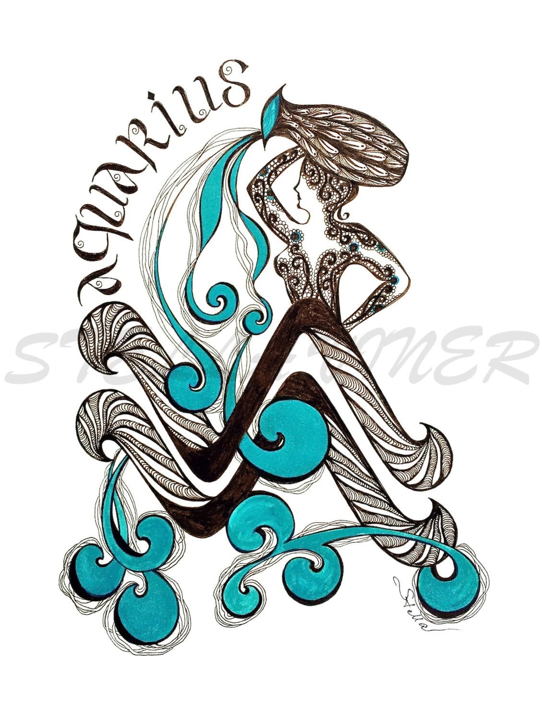 Zodiac Sign AQUARIUS - Print From Original Design and Drawing, Yoga ...