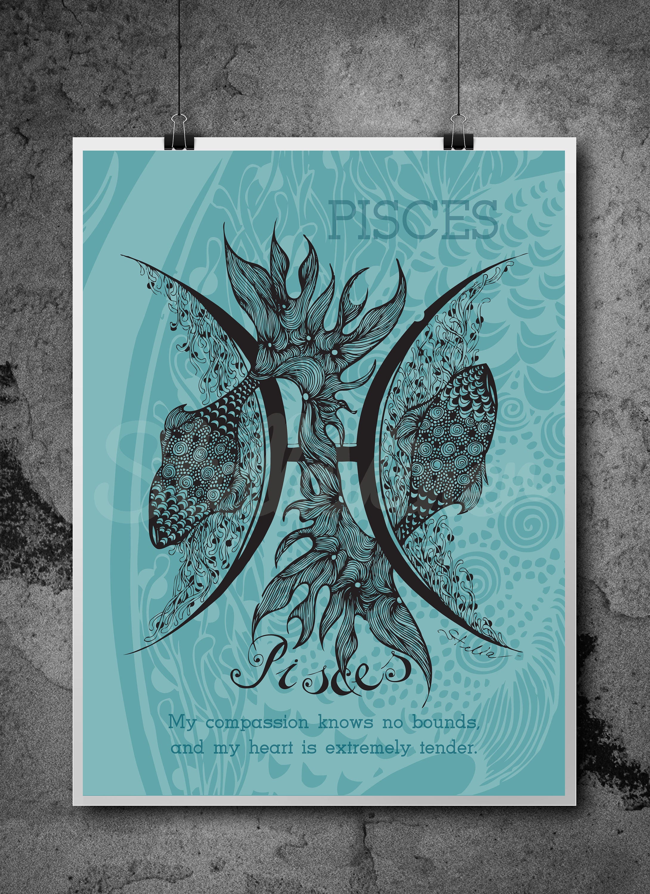 Zodiac Art PISCES - Print From Original Design and Drawing, Wall Decor ...
