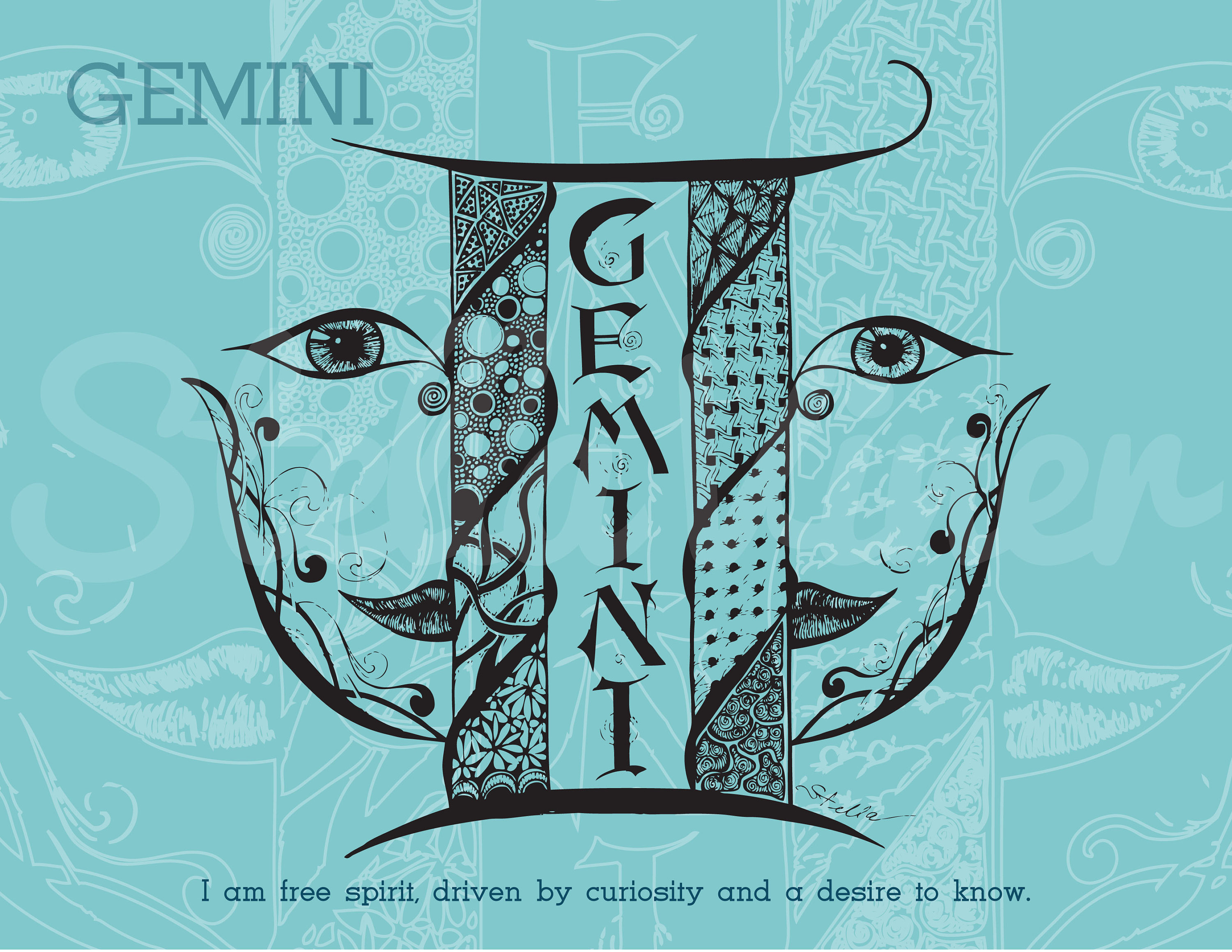 Zodiac Art GEMINI - Print From Original Design and Drawing, Wall Decor ...