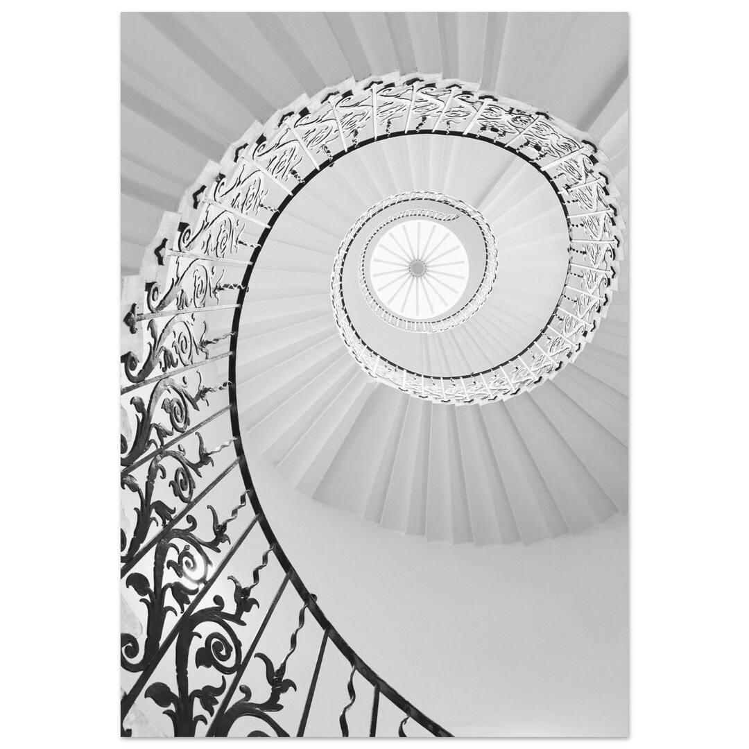 Fibonacci Spiral Staircase Art – Monochrome Minimalist Print on ...