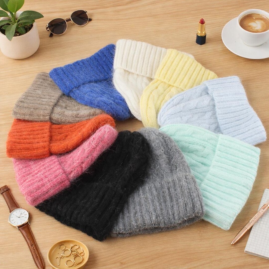 Angora Wool Beanie – Extra Warm Winter Hat, Soft Ribbed Knit Beanie for ...